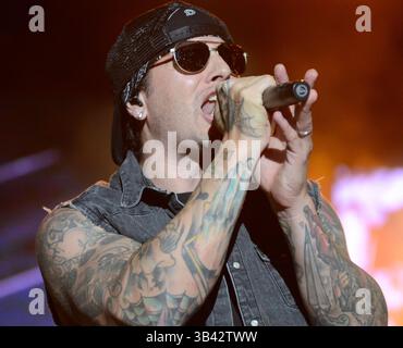 M. Shadows of the band Avenged Sevenfold performs in concert as the ...