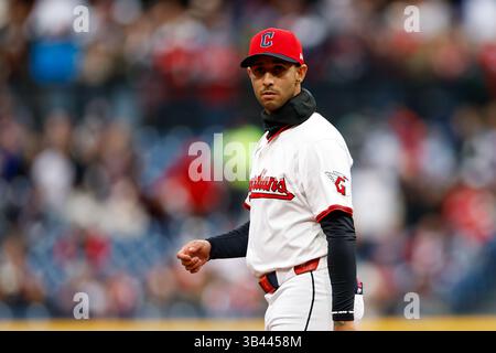 Cleveland Guardians' Brayan Rocchio looks on from first base during a ...