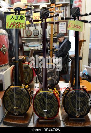Okinawan Sanshin string instruments displayed at a music shop at the ...