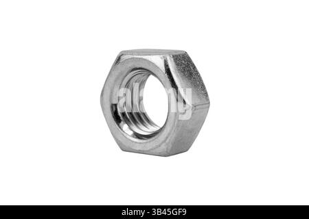 Macro shot metal nut isolated on white background. Chromed screw nut ...
