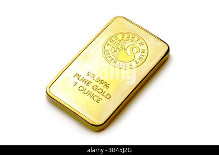 1oz gold bar from the Perth Mint in Australia isolated on a white ...
