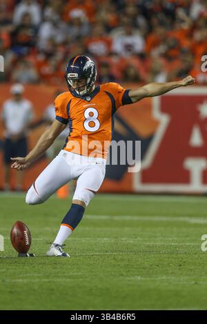 Denver Broncos kicker Brandon McManus (8) kicks off against the ...