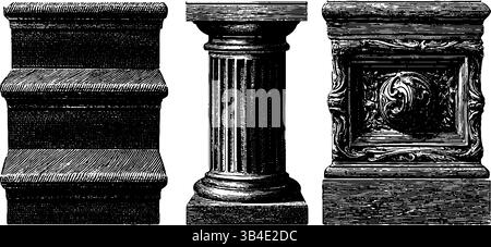 Vintage engraved architectural elements featuring triumphal arch and corinthian column design ...