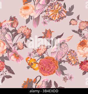 Parrots and Flowers floral seamless pattern Stock Vector Image & Art ...