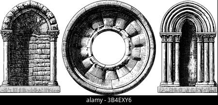 Vintage engraved architectural elements featuring triumphal arch and corinthian column design ...