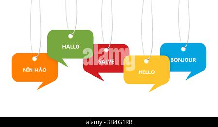 Paper speech bubbles with greetings in different languages hanging on ...