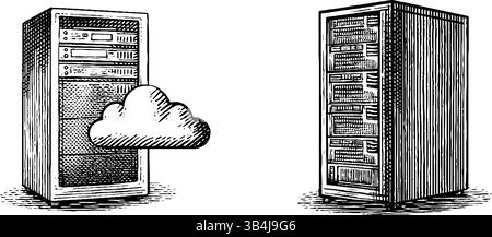 Engraved technology illustration featuring network servers and cloud ...