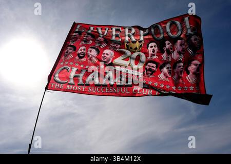 A general view of a large flag detailing Liverpool's 20th League trophy ...