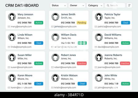 Efficient CRM dashboard featuring client cards, category filters, and ...