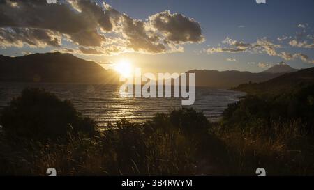 Sunset at Lago Huechulafquen with the Lanin volcano in Lanin National ...