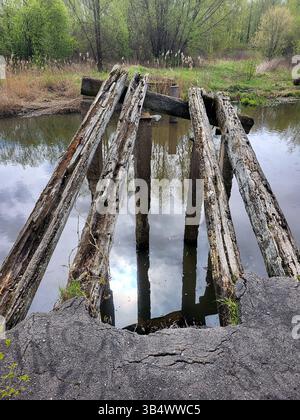 stop bridge river broken crushed road stop sign end no trespassing ...
