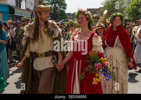 Glastonbury, England. 1 May 2025. May Queen in procession ast the ...