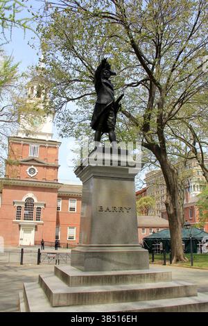 Independence Hall and monument to Commodore Barry on Independence ...