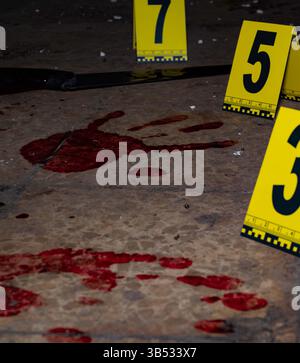 Bloody handprint and bloody knife at crime scene with yellow evidence ...