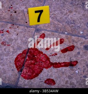 Bloody Handprint on Floor with Evidence Marker at Crime Scene Stock ...