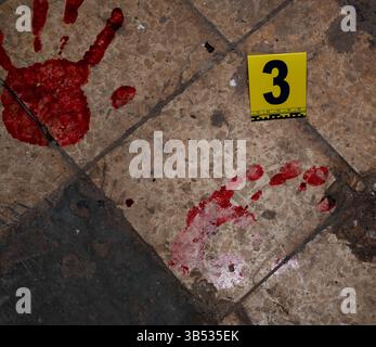 Bloody Handprint on Floor with Evidence Marker at Crime Scene Stock ...
