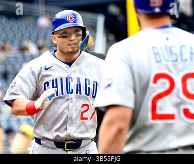 Chicago Cubs' Michael Busch celebrates his two-run home run against the ...