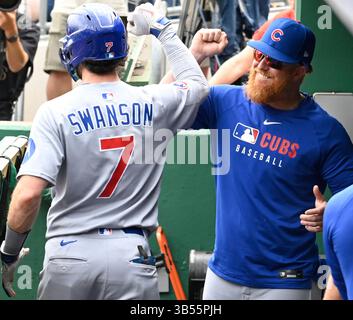 Chicago Cubs' Dansby Swanson celebrates after hitting a two-run home ...