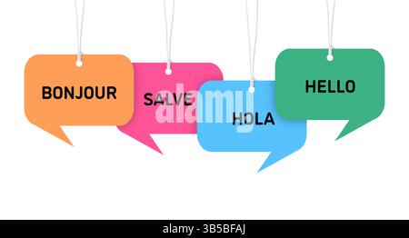 Paper speech bubbles with greetings in different languages hanging on ...