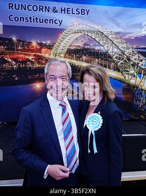 Reform UK's Sarah Pochin and party leader Nigel Farage talk to the ...