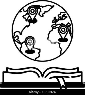 A globe with three pins on it is shown next to an open book. The globe ...