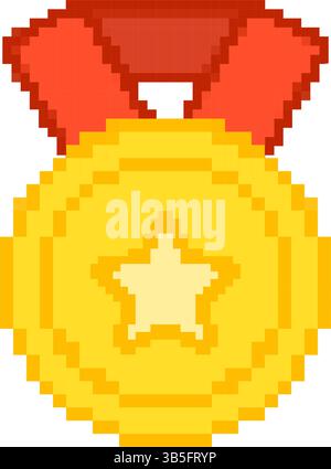 Gold Medal With Red Ribbon Pixelated Icon Set. Pixel Art Symbol ...