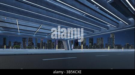 Roadside street view with modern rooftop building. 3d rendering Stock ...