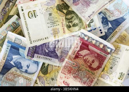 Bulgarian lev money banknotes stacked and photographed from above ...