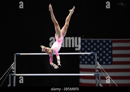 Charlotte Booth competes on the uneven bars during the U.S. Gymnastics ...