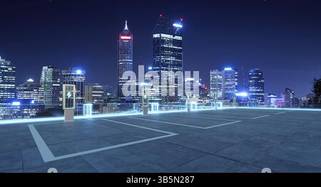 Empty rooftop parking lot with ev charging stations and glowing lines ...