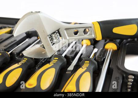 Set of screwdrivers with Adjustable Wrench in a box with rubber black ...