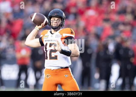 B.C. Lions quarterback Nathan Rourke passes during the second half of a ...