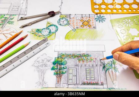 Landscape architect student learning garden plan design Stock Photo - Alamy