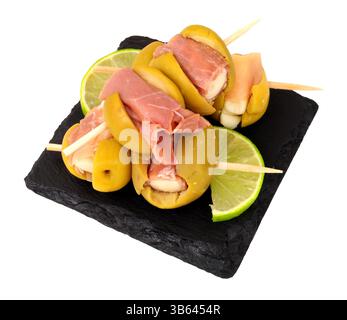 Group of Spanish Pinchos, Gordal olives stuffed with Serrano ham and ...