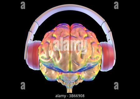 Illustration of a human brain wearing headphones, symbolising music ...