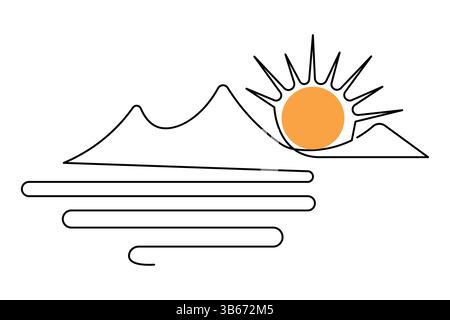 single continuous line drawing of mountain landscape with cabin and ...