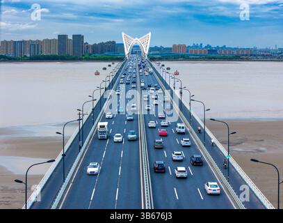 Aerial view of Jiubao Bridge in Hangzhou, Zhejiang Province, China ...