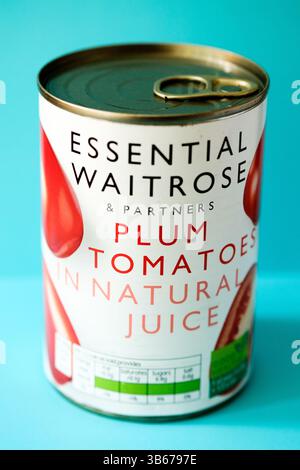 London UK, May 03 2025, Can of Essential Waitrose Plum Tomatoes Cooking ...