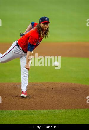 Atlanta Braves pitcher Grant Holmes delivers in the sixth inning of a ...