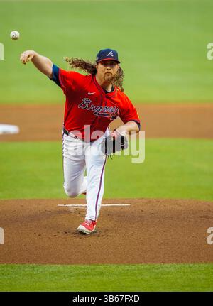 Atlanta Braves pitcher Grant Holmes (66) works against the Toronto Blue ...