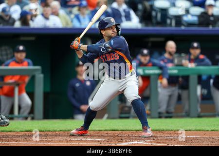 Houston Astros left fielder Jose Altuve catches a fly ball in foul ...
