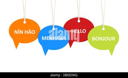 Paper speech bubbles with greetings in different languages hanging on ...