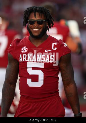 Arkansas running back Raheim Sanders (5) runs the ball against ...