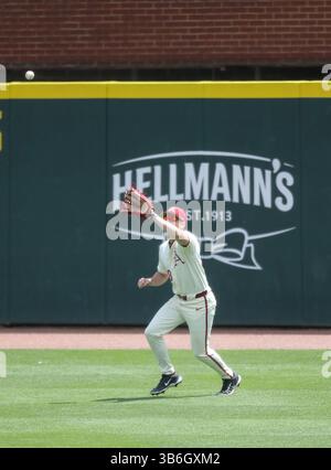 May 1, 2025: Carson Boles (28) of Arkansas rounds third base headed ...