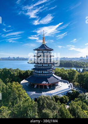 West Lake Leifeng Pagoda scenery in Hangzhou at sunrise,China.Aerial ...