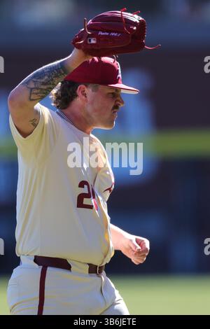 February 18, 2024: Mason Molina #21 Arkansas pitcher shows some emotion ...