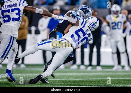 Indianapolis Colts linebacker Segun Olubi (50) rushes around the edge ...