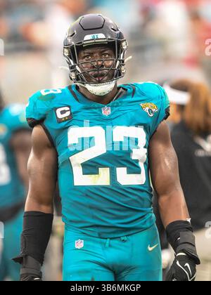 Jacksonville Jaguars linebacker Foyesade Oluokun (23) reacts to the play during an NFL football ...
