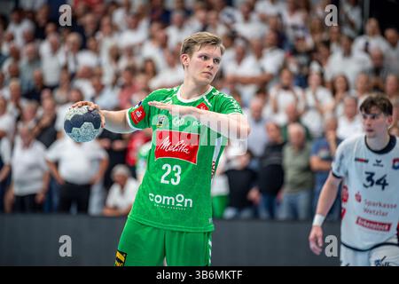 Niclas Benedict Heitkamp (GWD Minden, #23) celebrates a goal GER, GWD ...