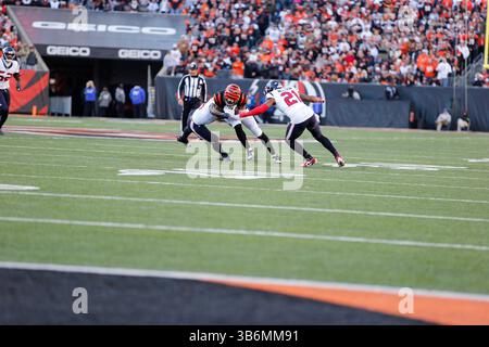 Cincinnati Bengals tight end Tanner Hudson (87) falls with the ball ...